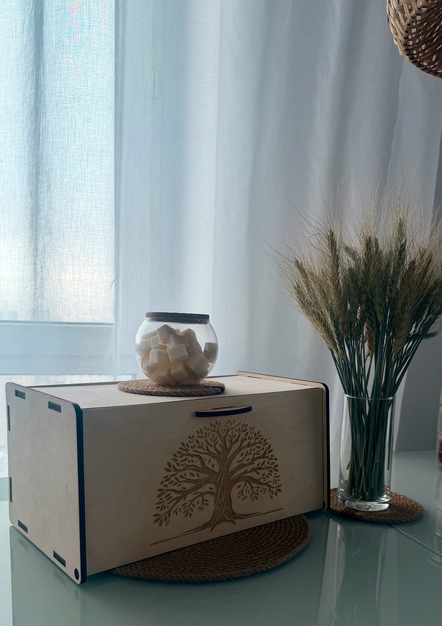 Хлебница ЭКО, деревянная с крышкой, 36x20,5x17 см, цвет светло-бежевый, рисунок "дерево"