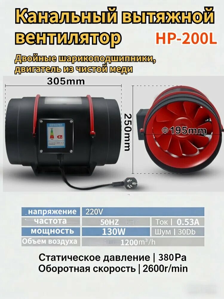 200мм Канальные вентиляторы 1200 куб. м/ч. двигатель из чистой меди 130 Вт на шарикоподшипниках диаметр, HP-200тель из чистой меди 40 Вт на шарикоподшипниках диаметр, HP-100