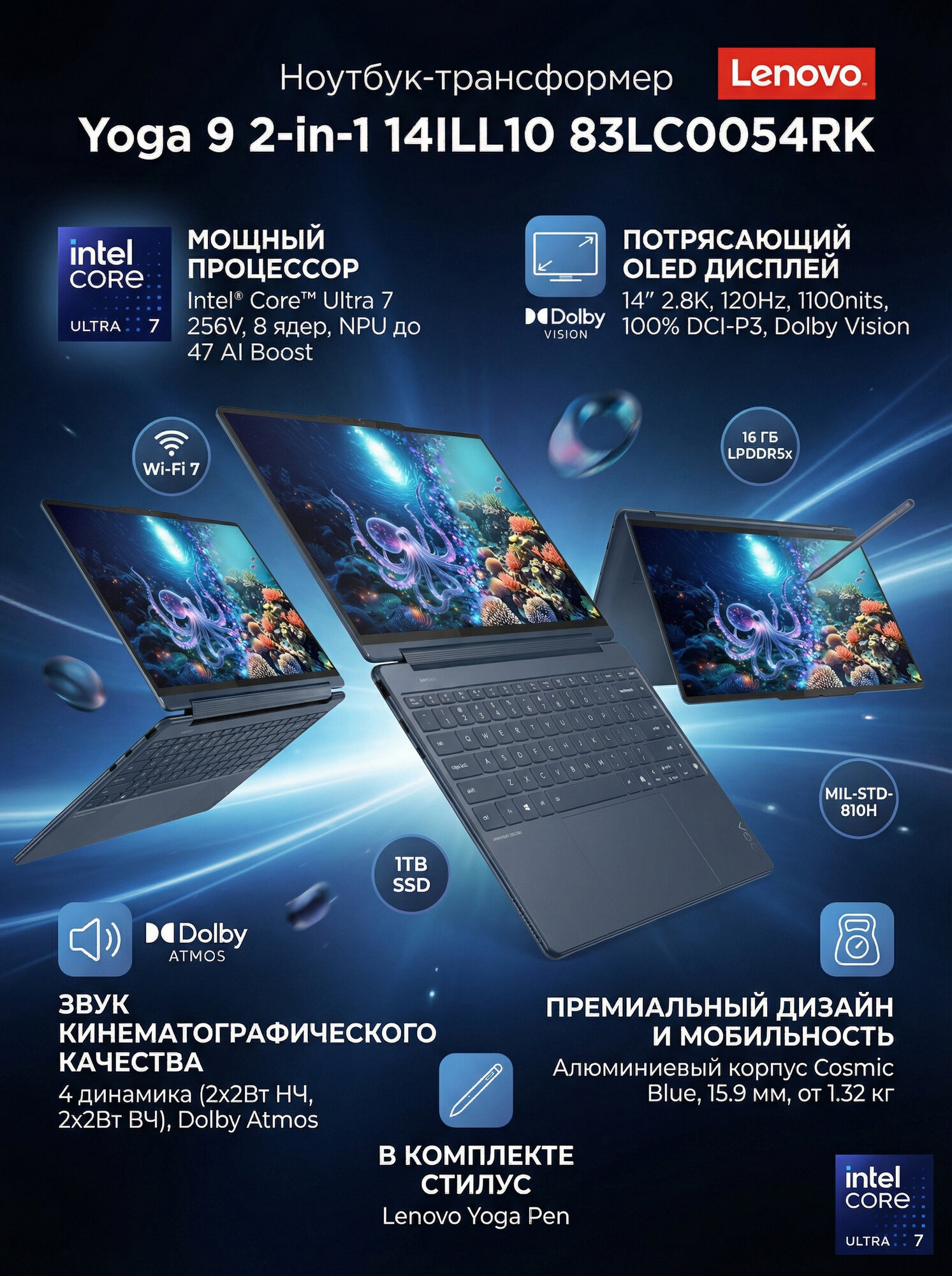 Ноутбук-трансформер Lenovo Yoga 9 2-in-1 14ILL10 83LC0054RK Cosmic Blue, 14" 2.8K OLED 120Hz Touch + Yoga Pen, Intel Core Ultra 7 256V, Intel Arc 140V, 16 GB LPDDR5x-8533, SSD 1TB G4, WIN11 PRO, клавиатура RU/US, чехол Yoga Sleeve 14", гарантия 1 год