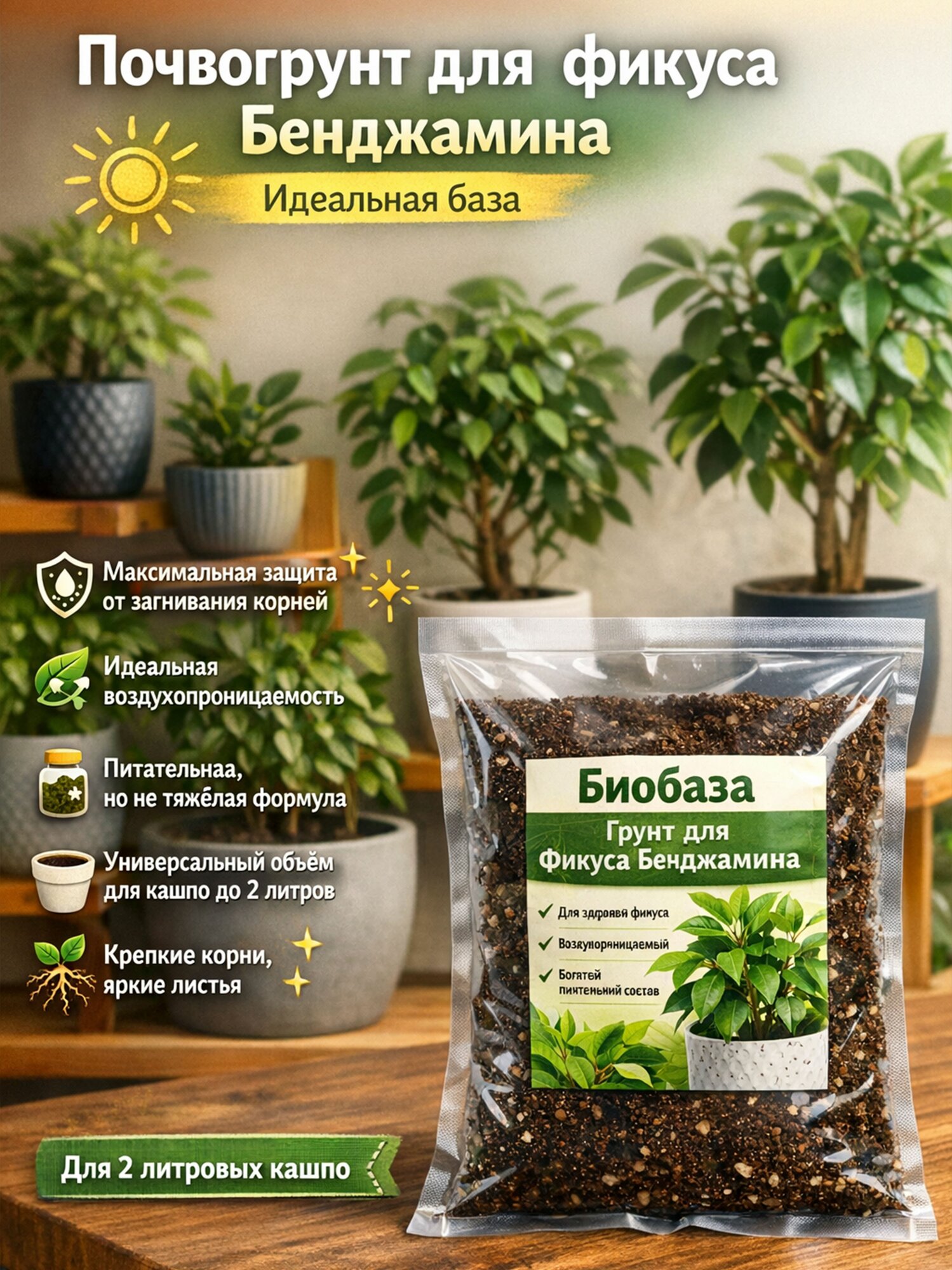 Почвогрунт БиоБаза для фикуса Бенджамина для кашпо до 2л премиум грунт