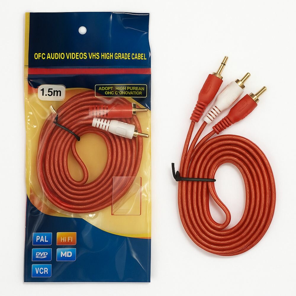 Аудиокабель 3,5 мм-2RCA 1,5м, для аудио- и ТВ-техники, красный