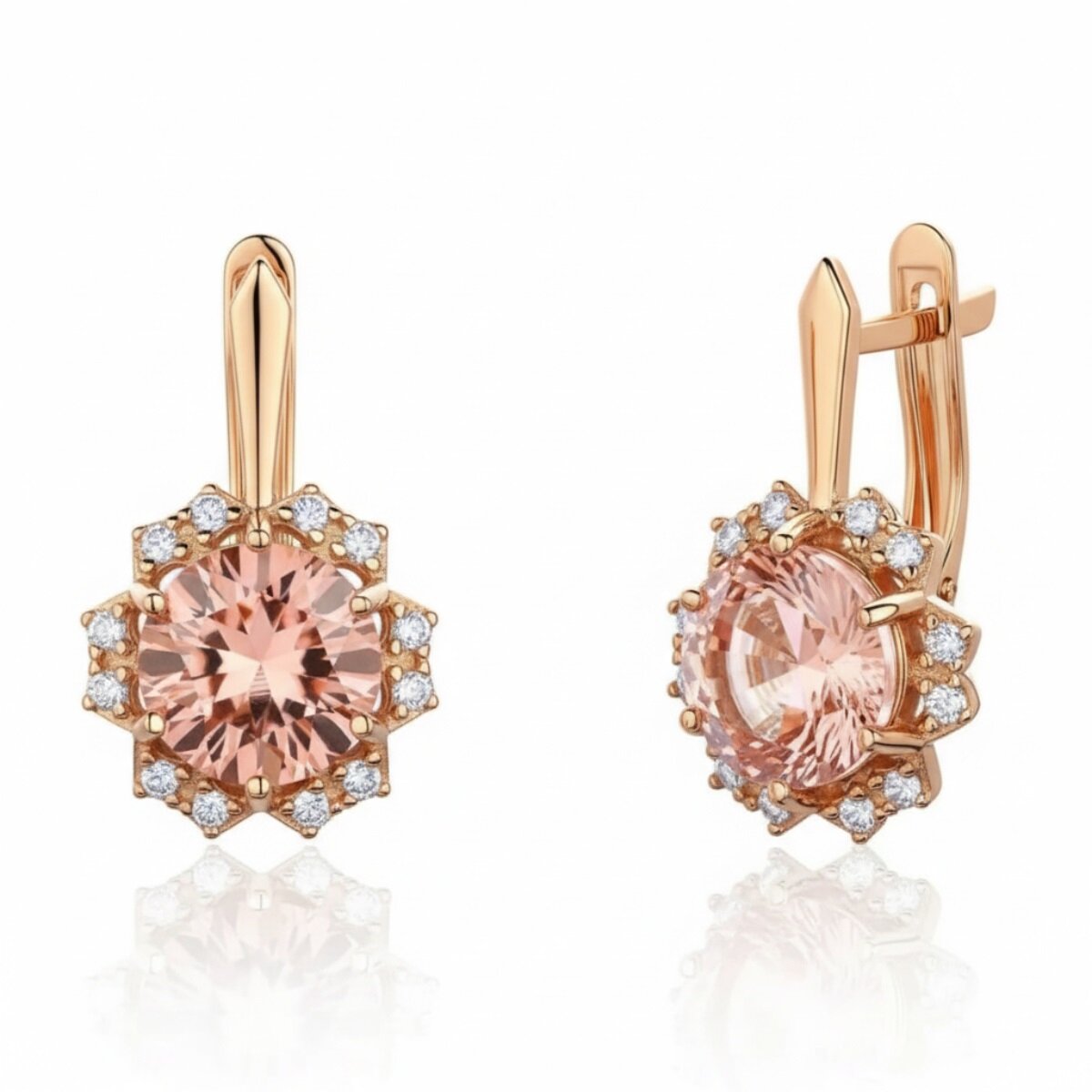 Серьги, красное золото, 585 проба, фианит, морганит