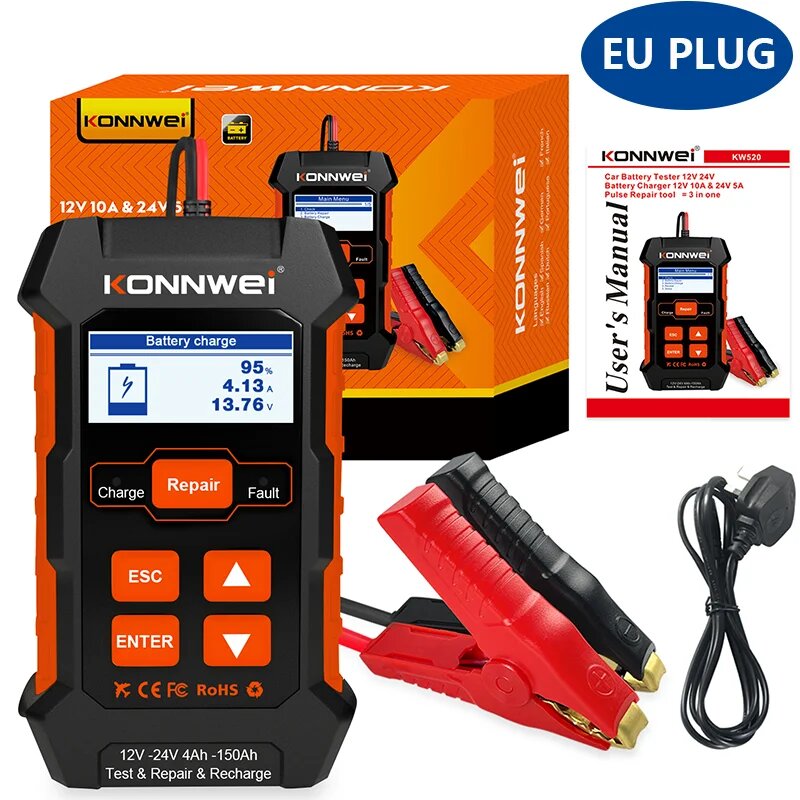 KONNWEI KW520 EU PLUG: тестер и зарядное устройство аккумулятора 12В/24В
