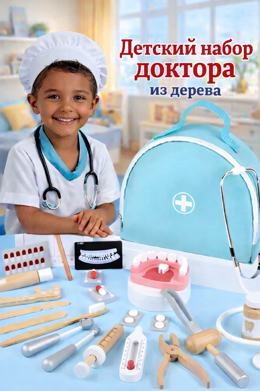 Детский деревянный набор Доктора 33 предмета /Детский деревянный набор "Доктор", развивающая игрушка