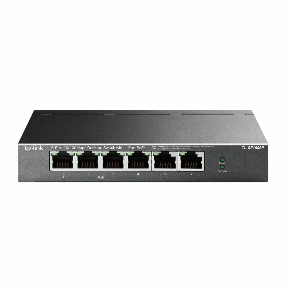 Коммутатор PoE сетевой TP-Link TL-SF1006P, 6 портов 100Мбит/с (из которых 4 порта PoE+), неуправляемый
