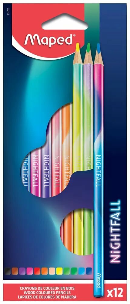 Карандаши цветные MAPED "Nightfall", 12 цветов, корпус градиент металлик, трехгранные, натуральное дерево