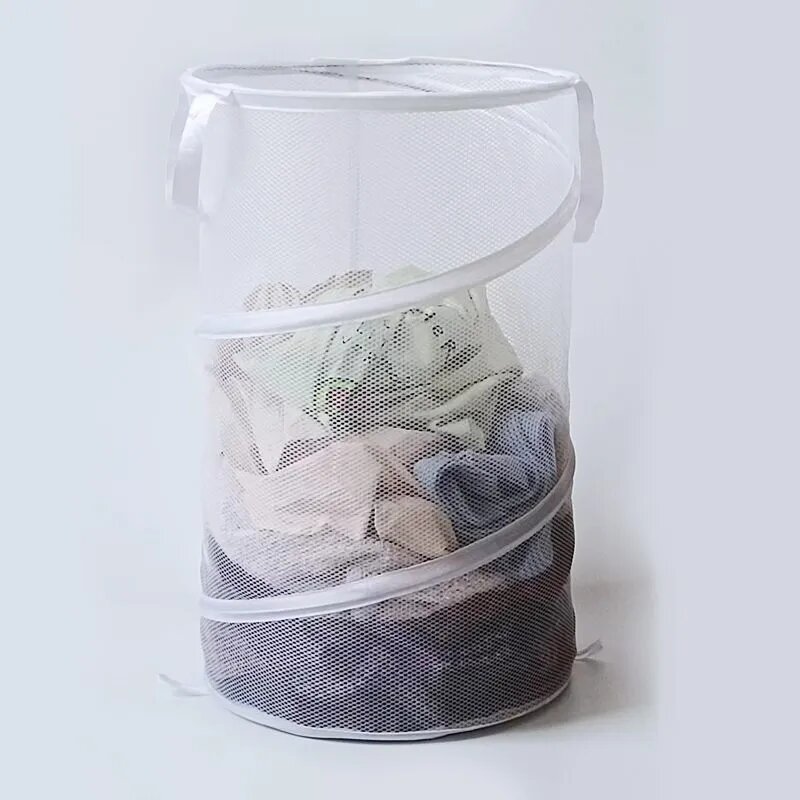 Складная корзина для белья из сетки, круглая, белая, с ручками для переноски, 1 шт