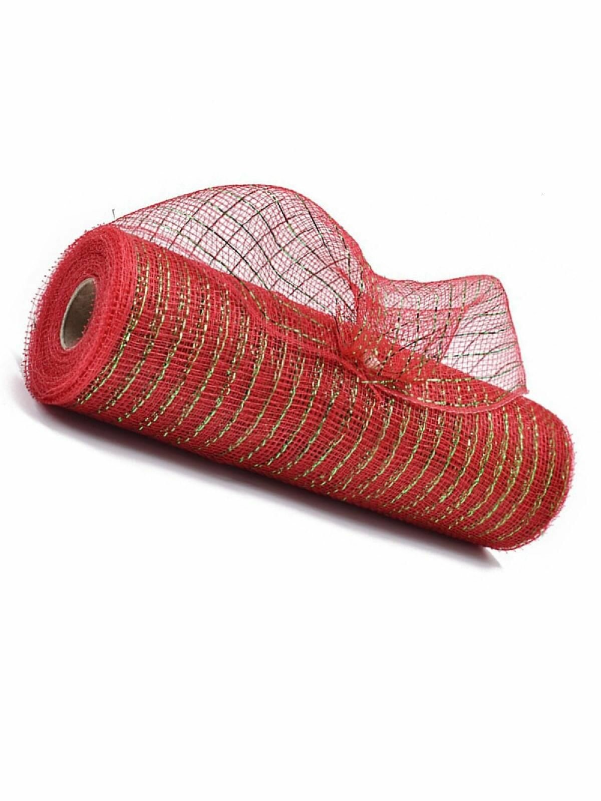 Металлизированная рождественская сетчатая лента, ярко - красный плюс золотой