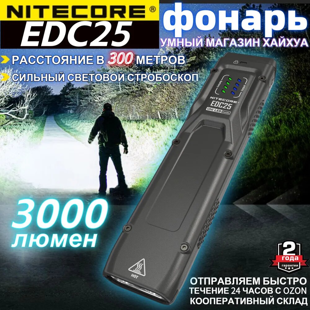Nitecore EDC25 - Тактический фонарь 3000 люмен, дальность 300 метров, светодиодный, USB зарядка