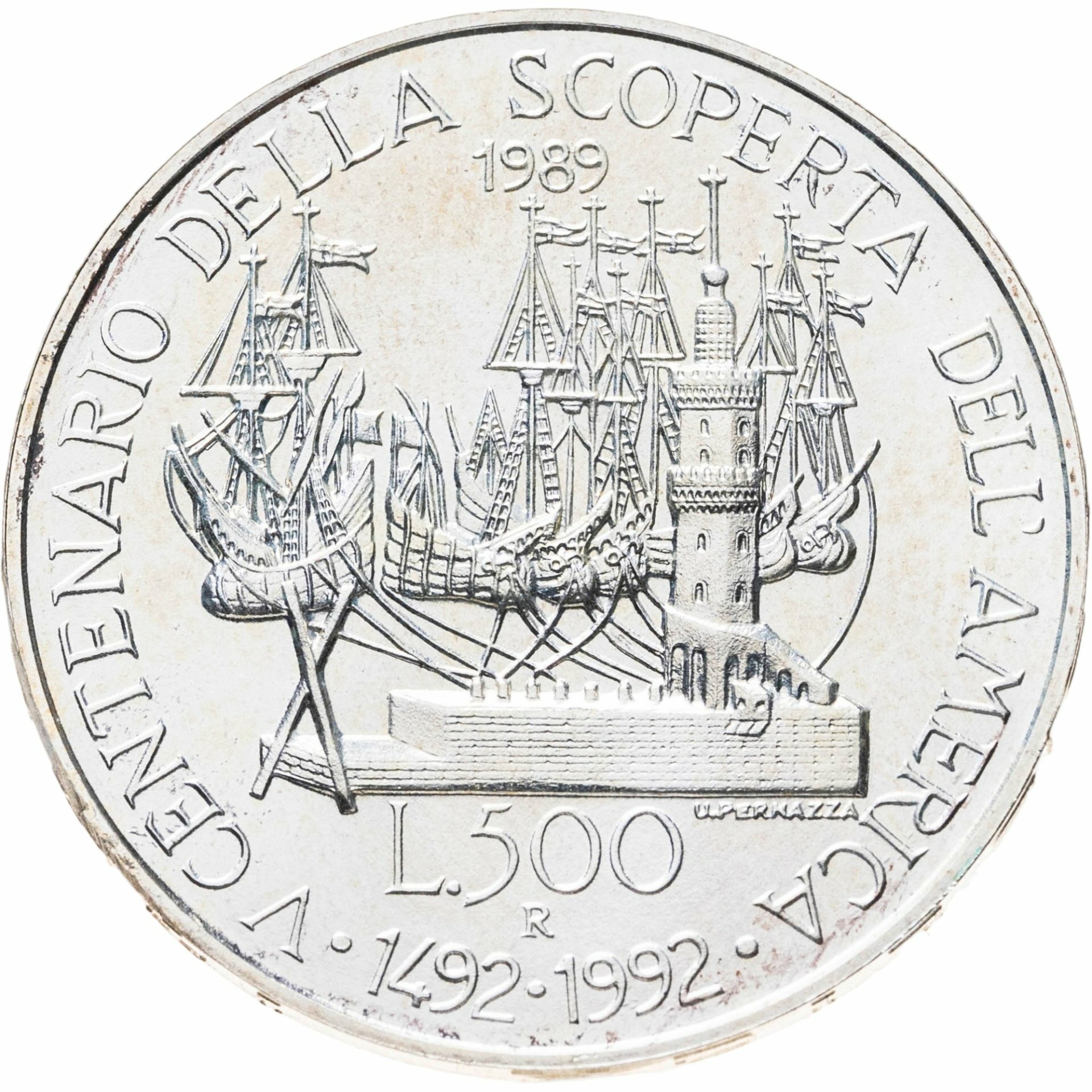 Италия 500 лир lire 1989 500 лет открытию Америки, Серебро 835, в сохранности UNC