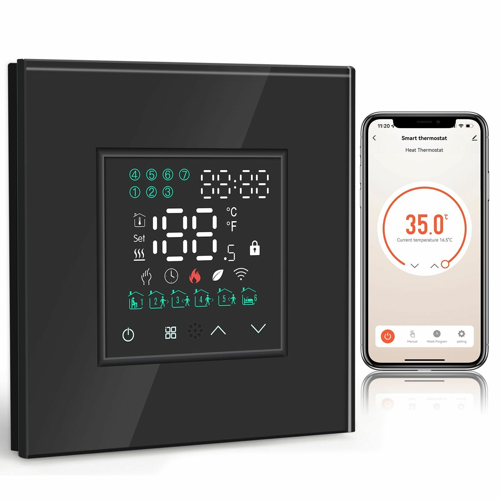 Терморегулятор для теплого пола Электрическое Wifi, LED сенсорным управлением, с программируемый и голосовым управлением,1 шт