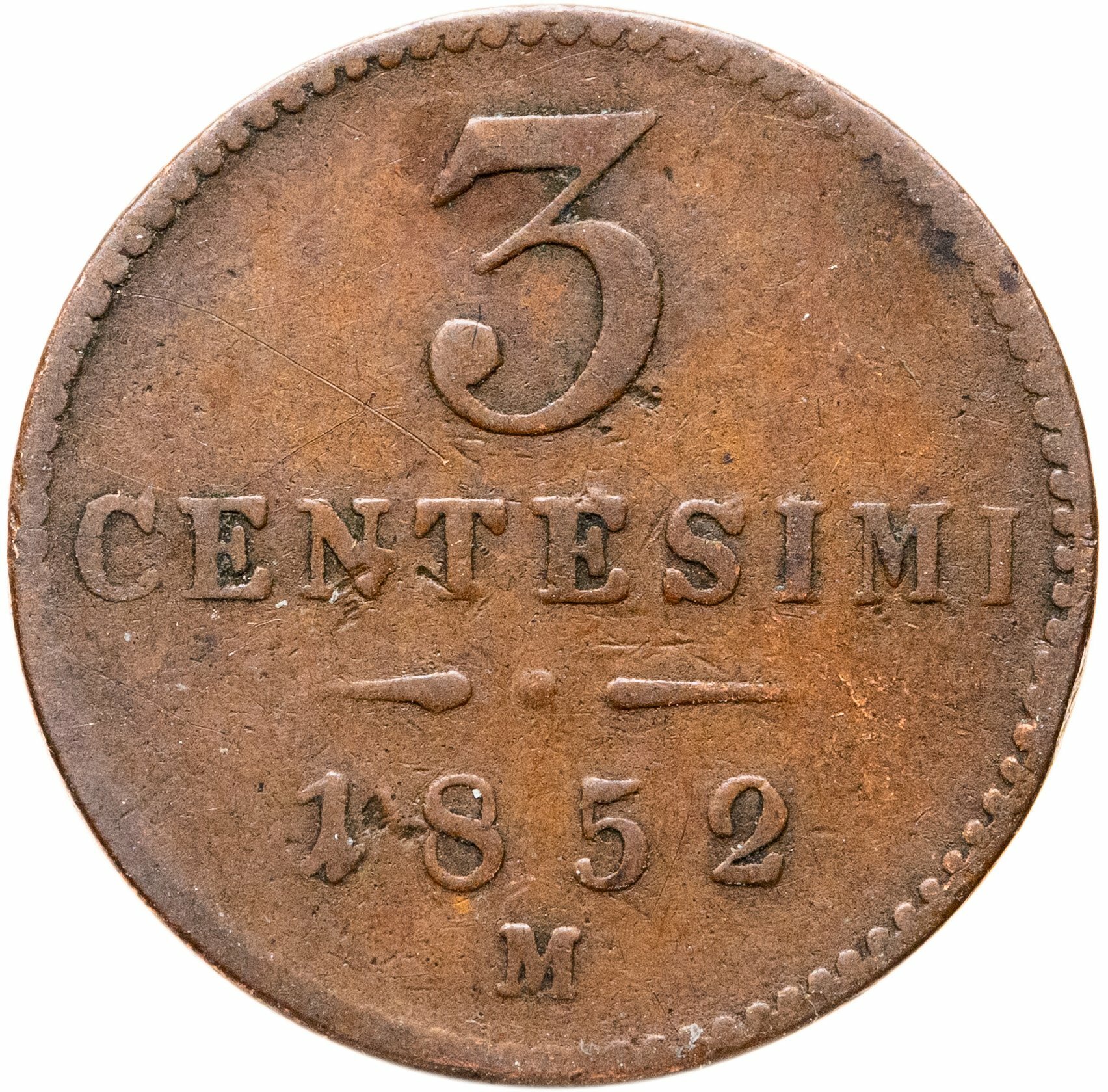 Ломбардия-Венеция 3 чентезимо 1852 М, Медь, в сохранности VF