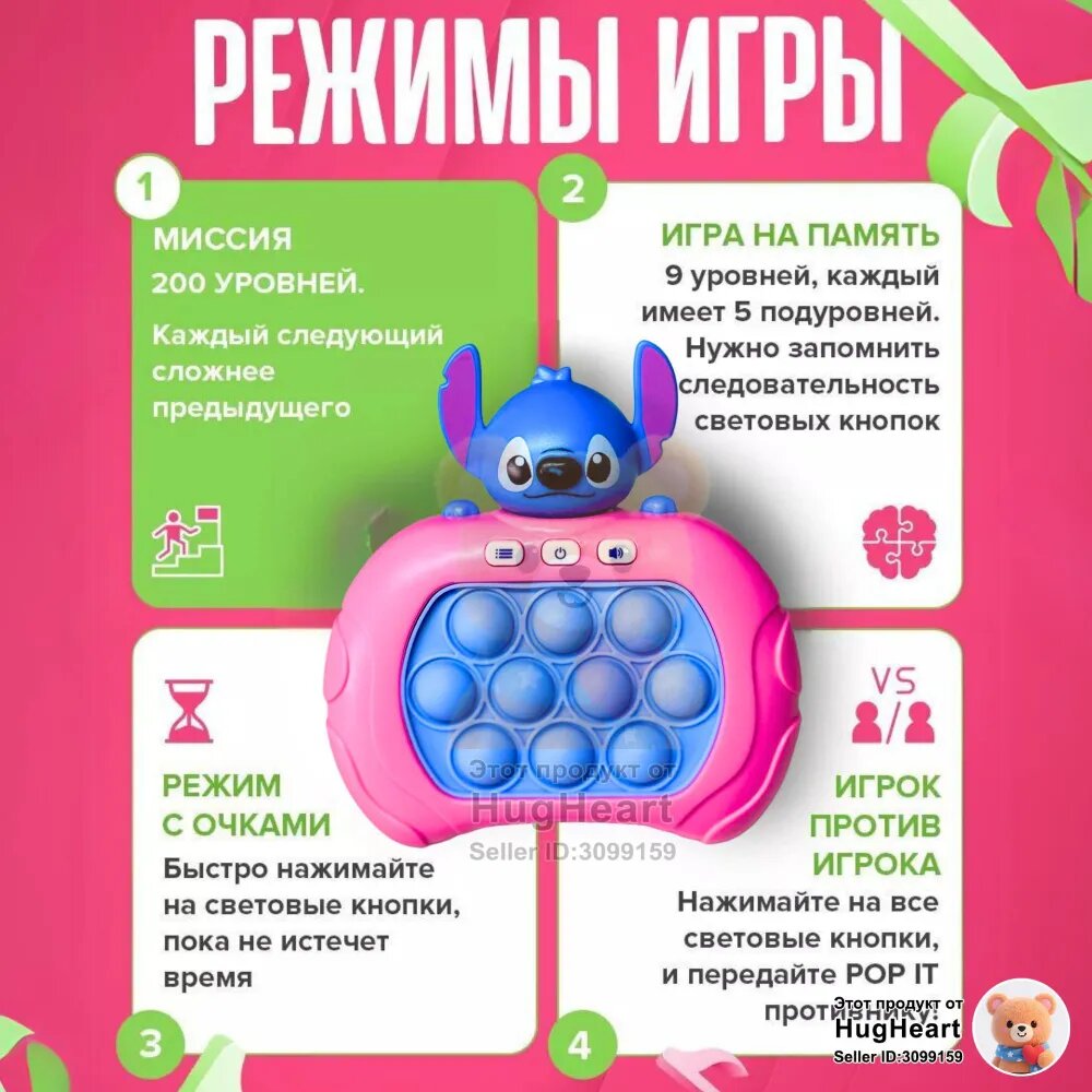 Игрушка-антистресс Pop it в виде Стича, электронная с 999 уровнями, розовая — фото 1