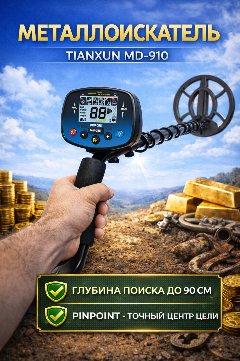 Металлоискатель TIANXUN MD-910, Глубина обнаружения: до 90 см (арт. 628011)