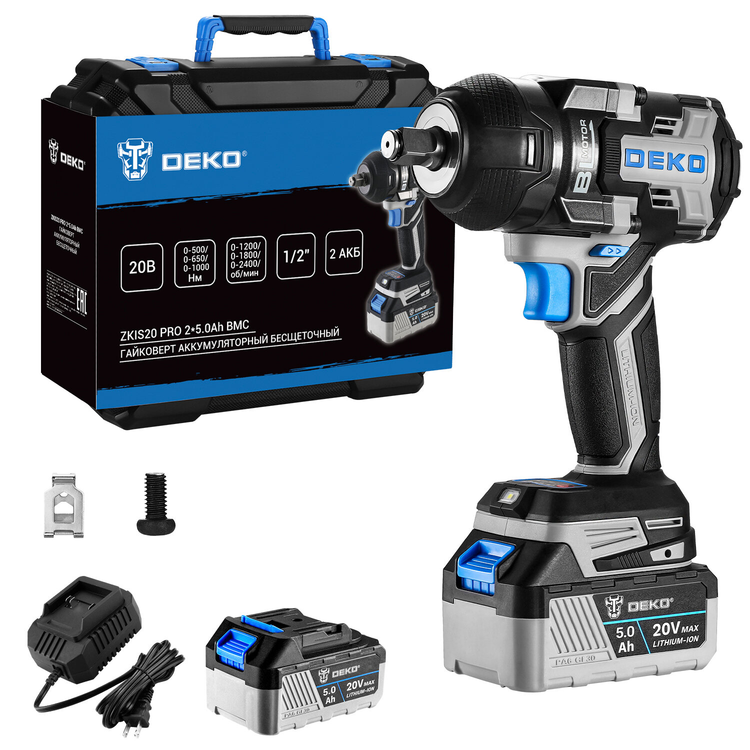 Гайковерт аккумуляторный бесщеточный ударный мощный DEKO, 1000 Нм, 2 АКБ 5.0 Ач, в кейсе ZKIS20 PRO