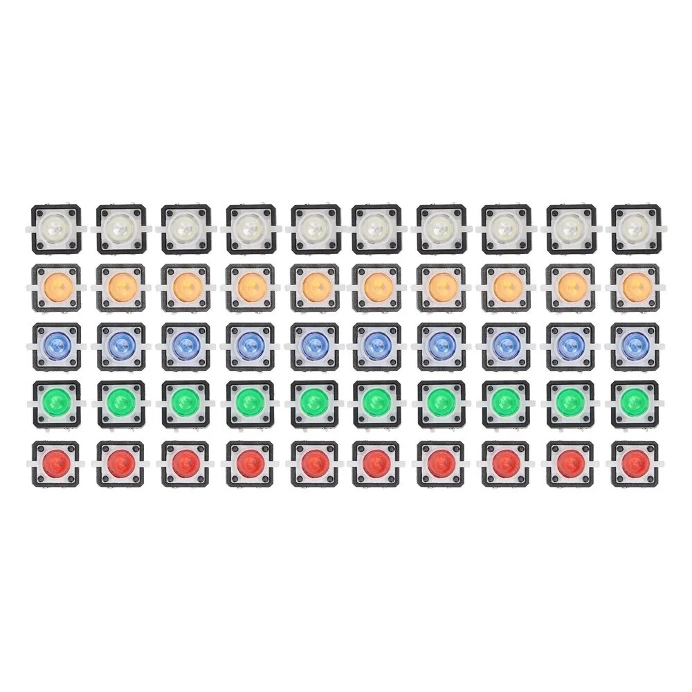 Комплект 50 тактовых кнопок 10x10 мм с LED подсветкой, набор из 5 цветов (белый, желтый, синий, зеленый, красный)