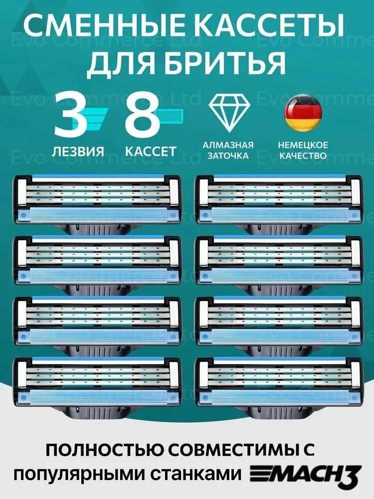 Лезвия Кассеты для бритья мужские 8 штук / Сменные кассеты для бритья с 3 лезвиями