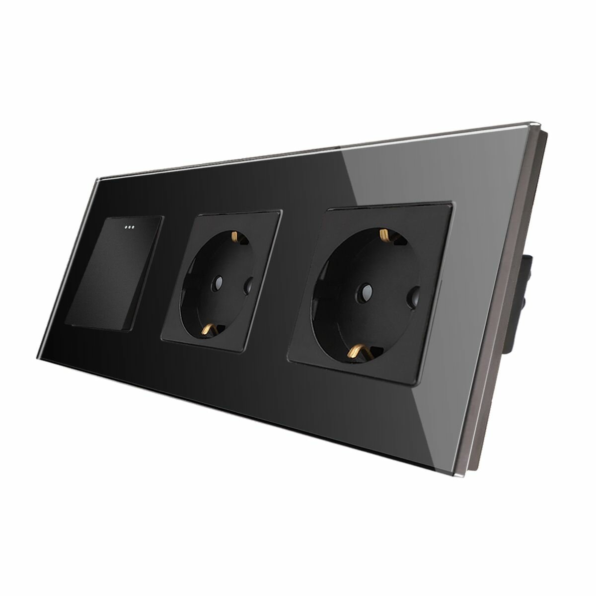 Проходной Выключатель механический с розеткой, 1 клавиша 2 розетки, 3 поста , рамка стекло 228х86мм, цвет черный