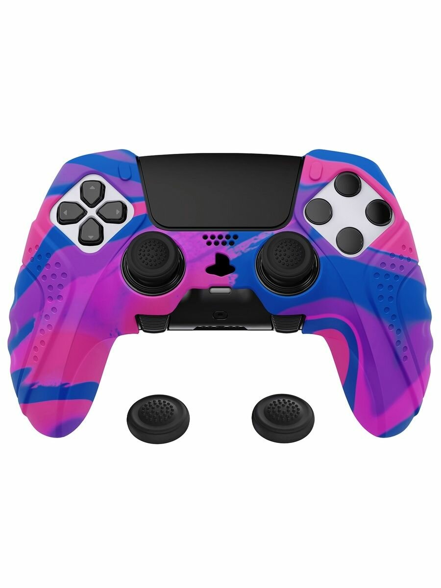 PlayVital Чехол-накладка из силикона для PS5 DualSense Edge Guardian Edition, мягкий, противоскользящий, с насадками на стики, розовый/фиолетовый/синий