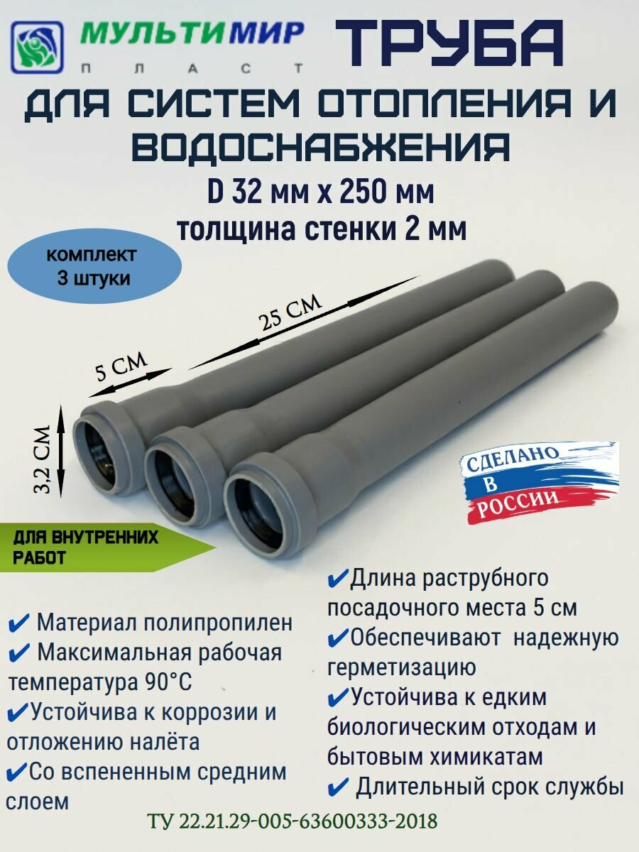 Труба ПП 32 мм х 250 мм для систем отопления и водоснабжения МультимирПласт