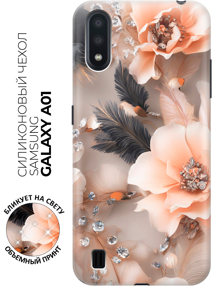 Силиконовый чехол на Samsung Galaxy A01 с принтом "Персиковые цветы и самоцветы"