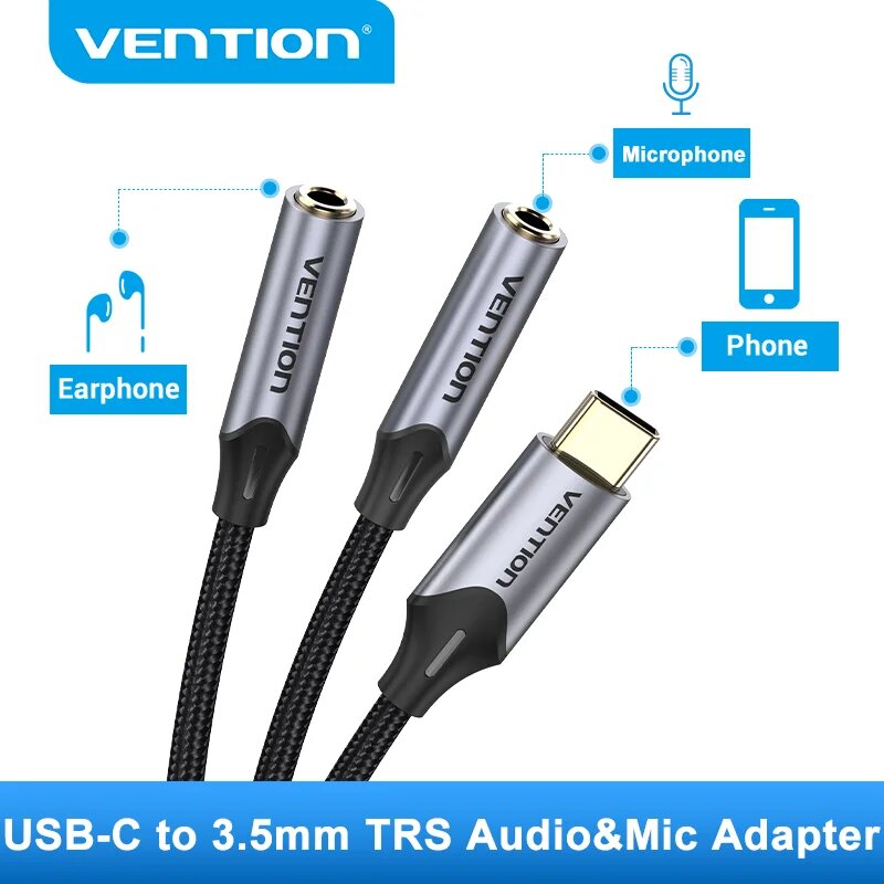 Адаптер Vention USB Type-C на 3,5 мм для наушников, аудиоадаптер USB-C на TRS с разъемом для микрофона для iPhone 17, 16, 15, Huawei, Xiaomi