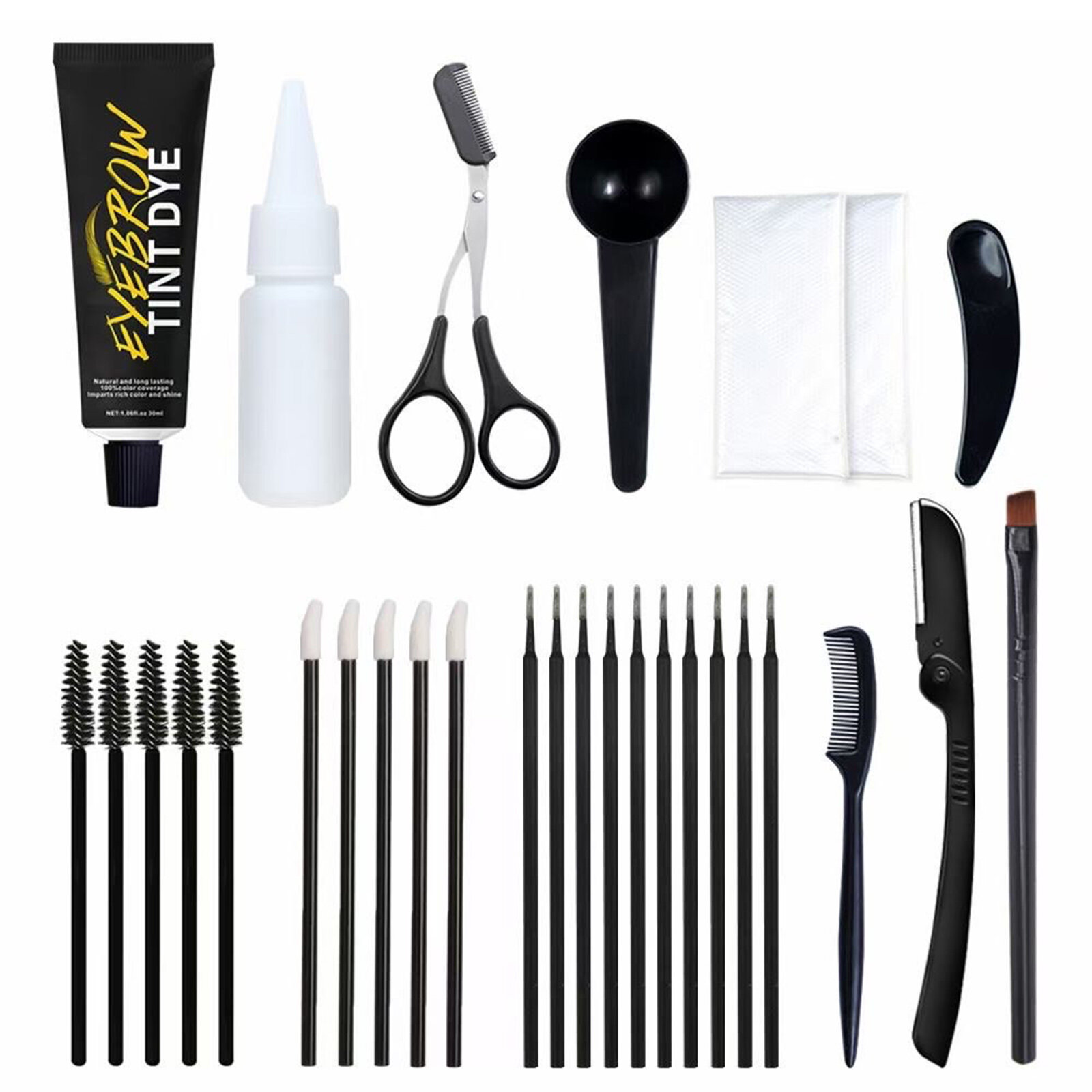 Набор для окрашивания бровейный Hair Color Tint Kit с кремом для окрашивания, смешивающей кистью, расческой для бровей, бритвой для бровей, ножницами, инструментами для макияжа: черный, светло-коричневый, каштановый (выбор), размер упаковки