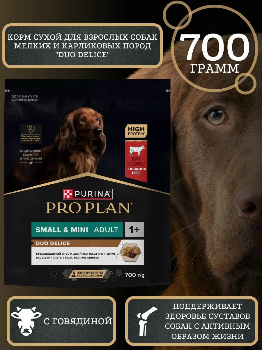 Сухой корм PRO PLAN DUO DELICE для взрослых собак мелких и карликовых пород с превосходным вкусом и двойной текстурой гранул с говядиной, 700 г