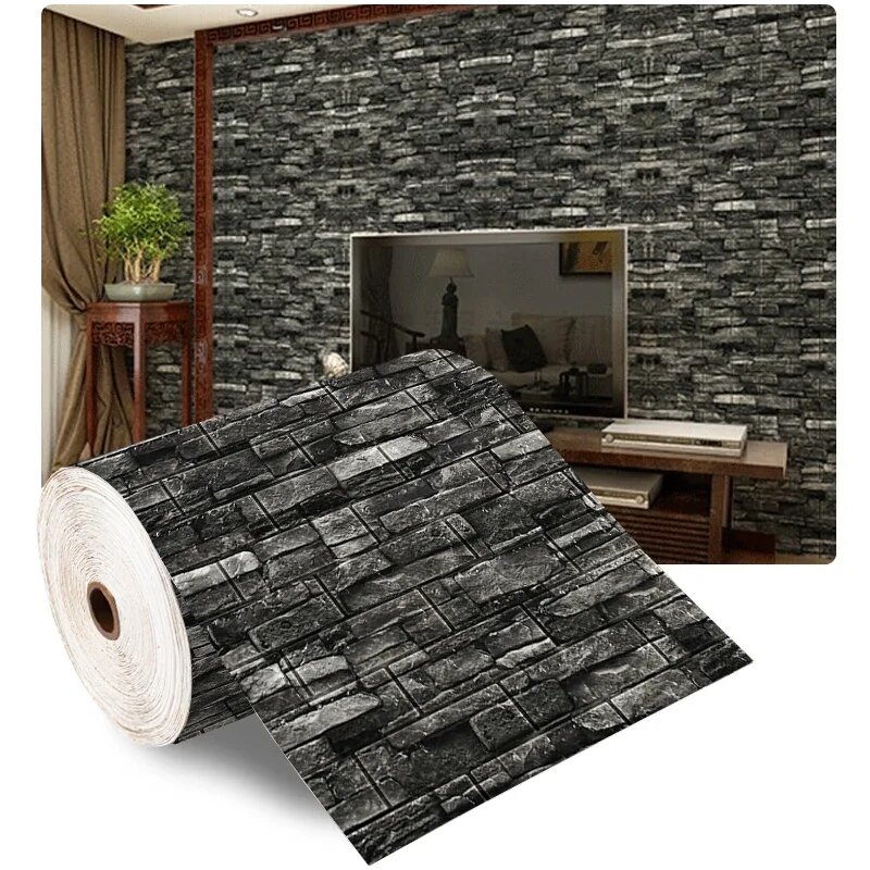 3D-обои самоклеящиеся кирпич DZQ Grey black, 70cm x 10m