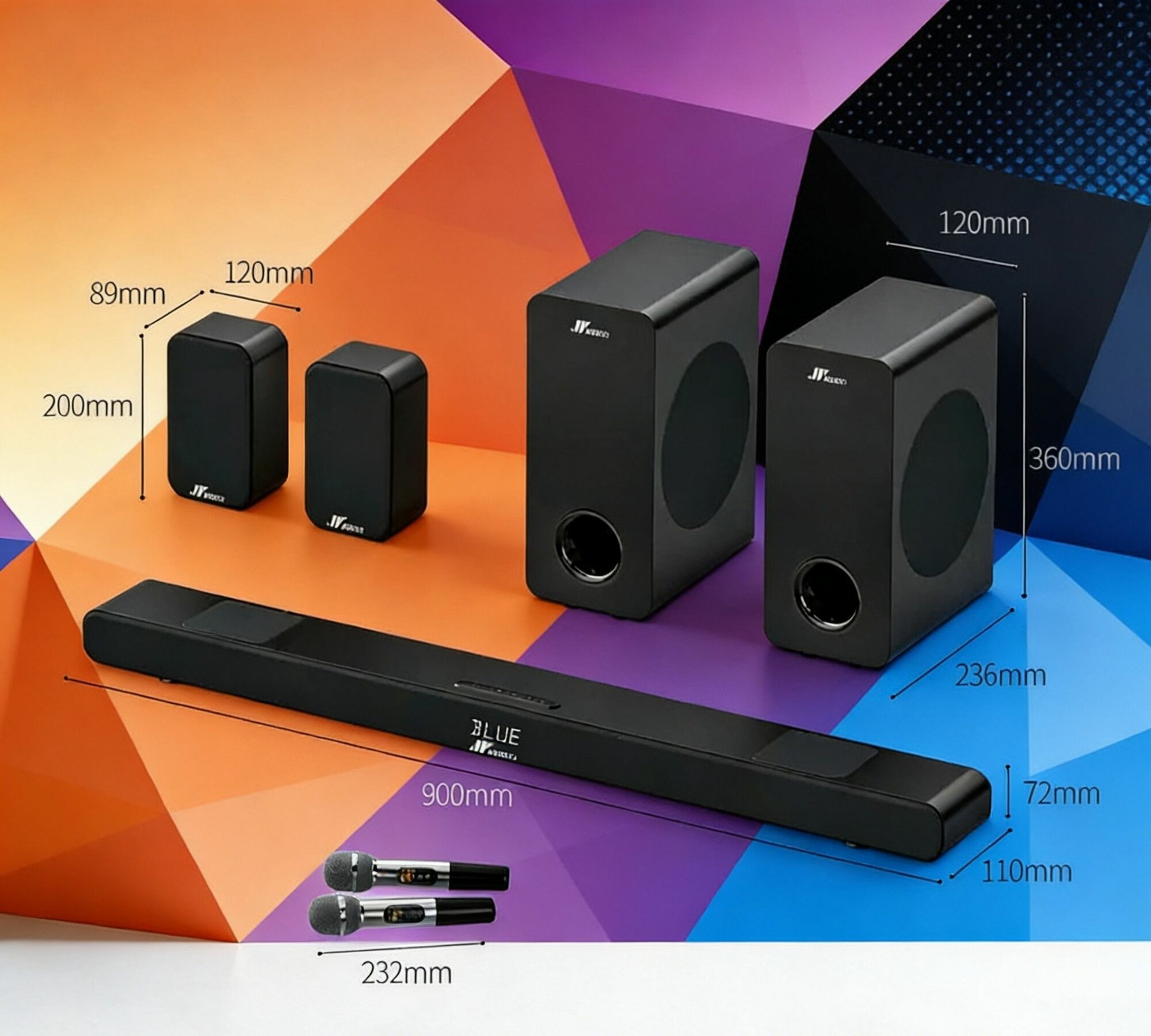 Долби Сурраунд 5.2 Саундбар,620 Вт/черный TV Audio Bar, домашний караоке-театр,2 беспроводных микрофона 2 сабвуфера 2 у