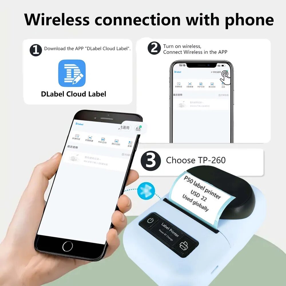 Мини-принтер термотрансферный для этикеток, Монохромный, Bluetooth, портативный — фото 1