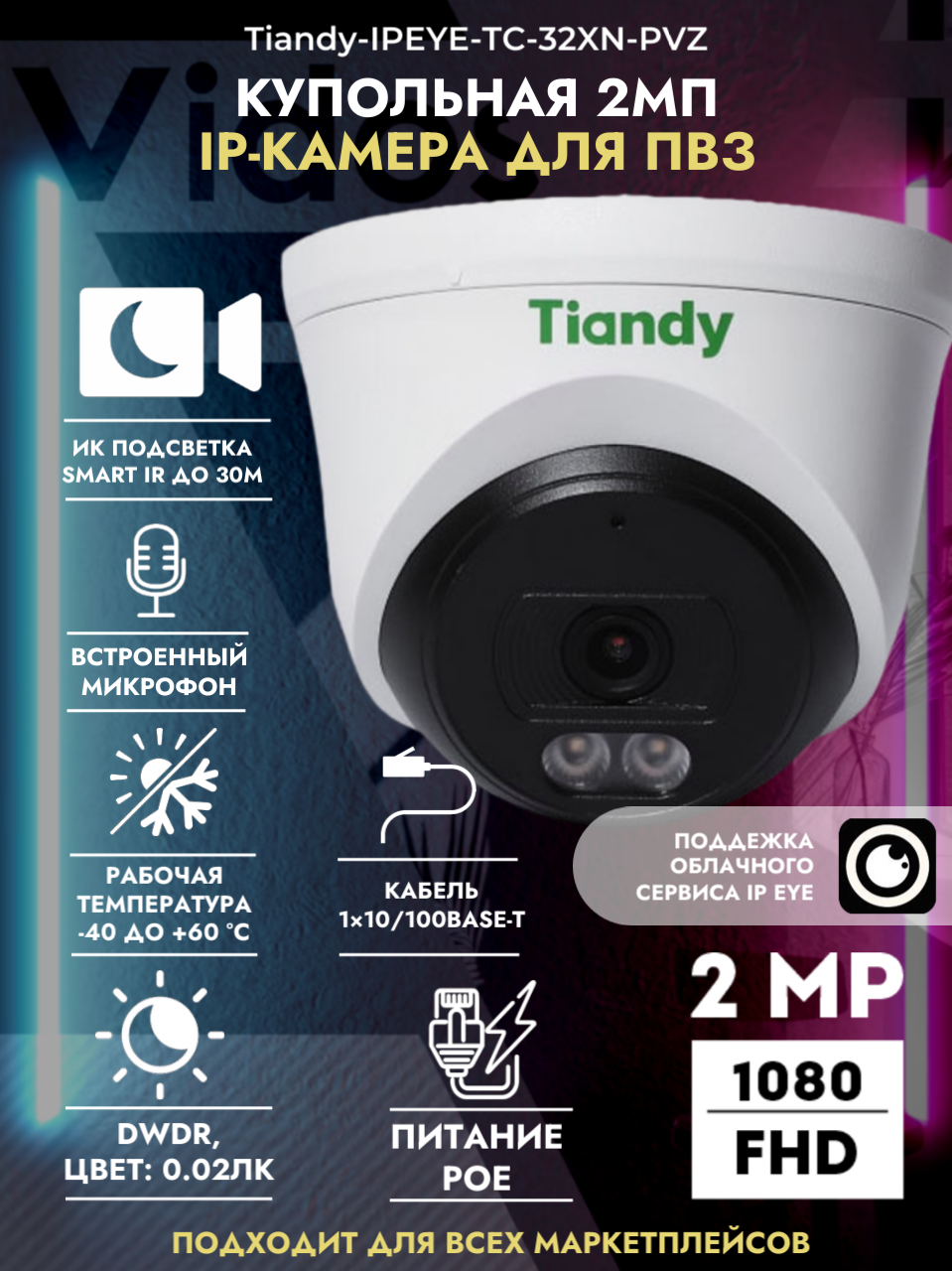 IP Камера видеонаблюдения 2мп для ПВЗ Tiandy IPEYE-TC-32XN-PVZ с микрофоном и облаком IPEYE