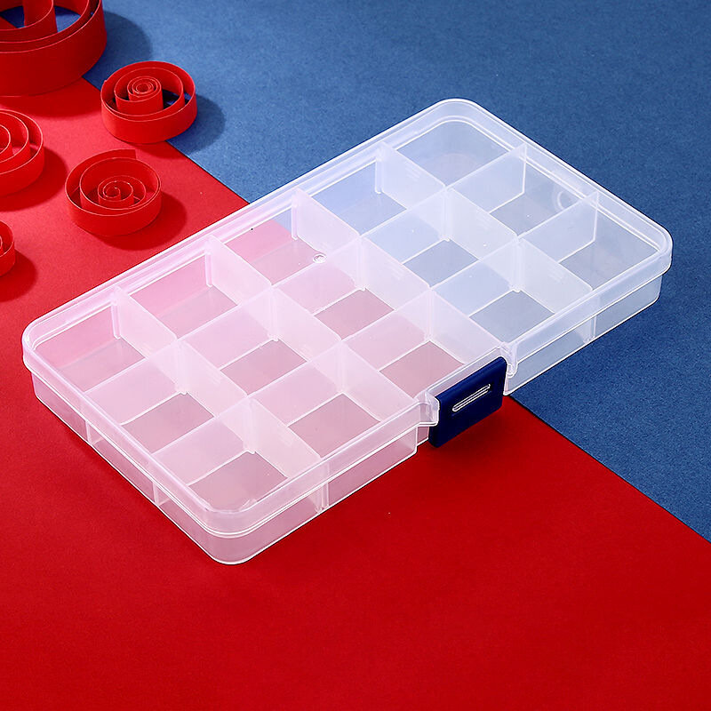 Прозрачная синяя пластиковая коробка для ювелирных изделий с 15 съемными отделениями, 17.5x10.0x2.3 см для серег и колец