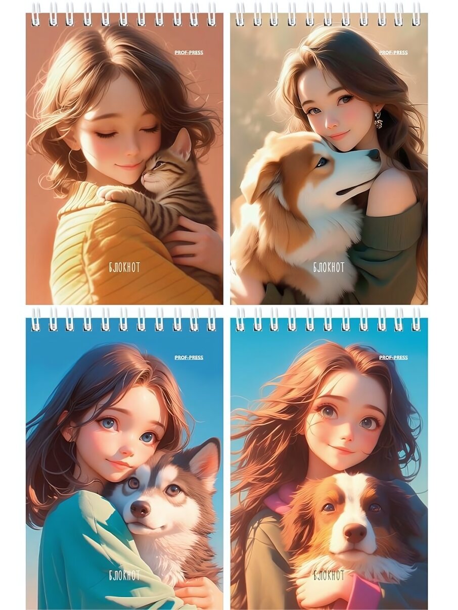 Блокнот А6 "Девушки и питомцы-2", 40 листов в клетку, на гребне, разноцветный принт для учебы и творчества
