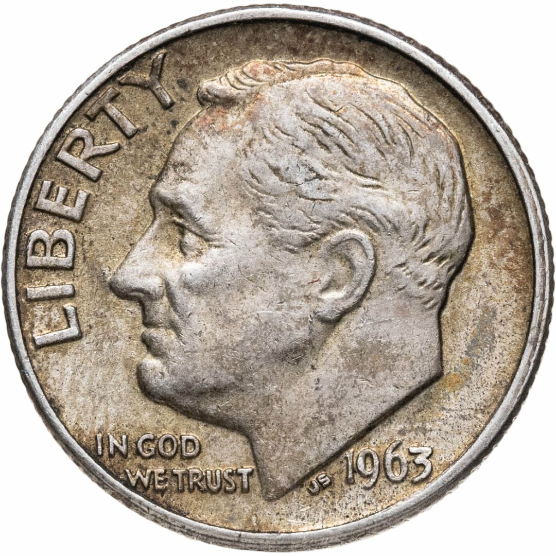 США 10 центов дайм, one dime 1963 D Silver Roosevelt Dime Рузвельт знак монетного двора "D" - Денвер, Серебро 900, в сохранности VF