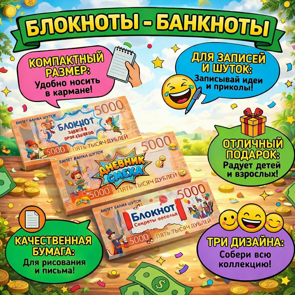 Набор Блокнотов-банкнотов для записей и заметок в линейку отрывной пачка денег 5000 рублей на 1 апреля, 3шт