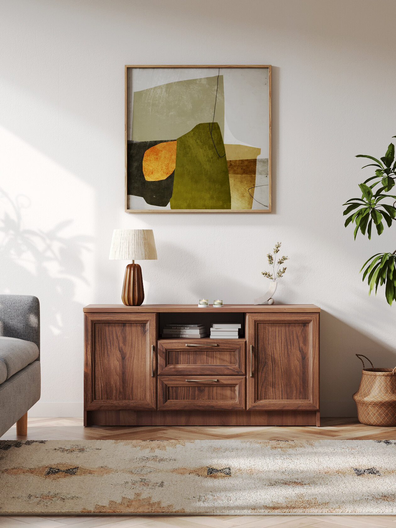 Тумба под телевизор напольная Марсель с ящиками, 120х37х60.6 см, Дуб Кальяри / Дуб Катания