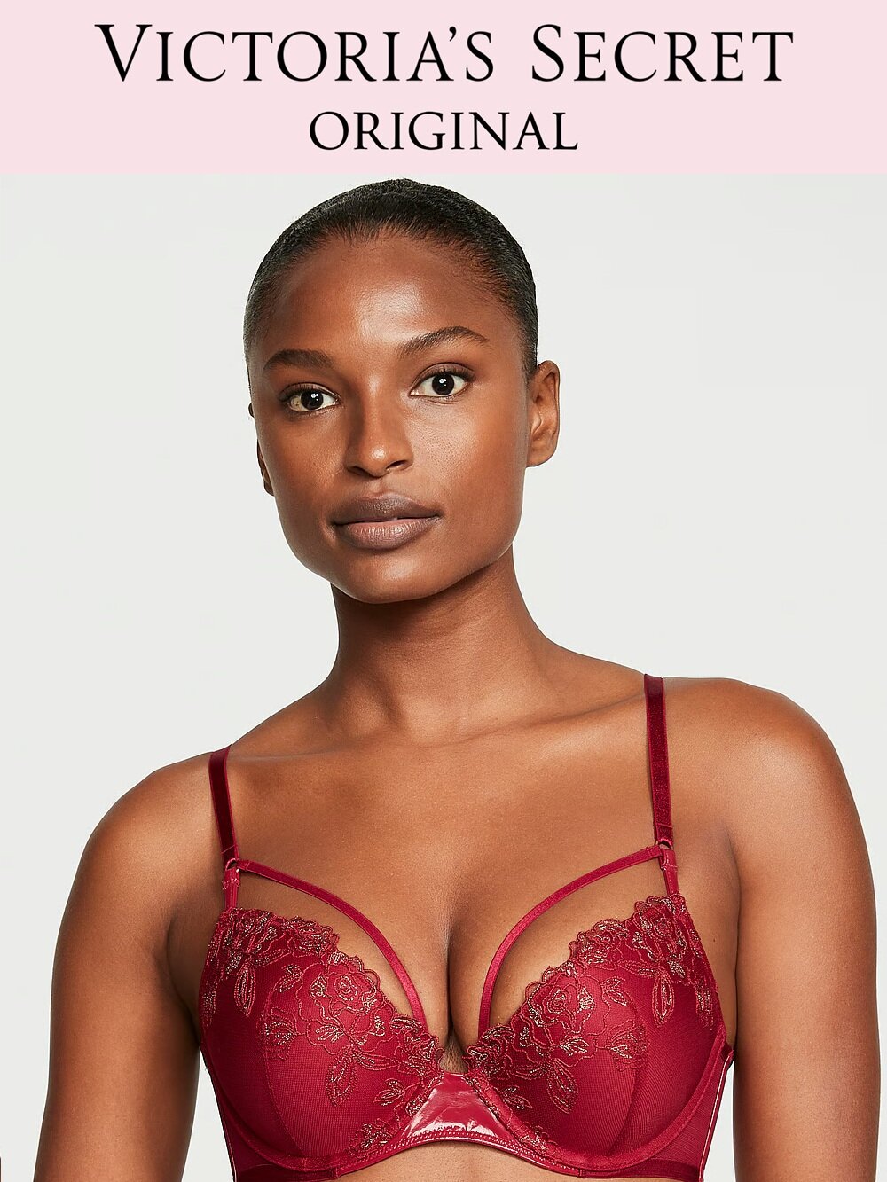 Бюстгальтер Victoria's Secret 32DD бордовый с цветочной вышивкой и ремешками вдоль линии лифа