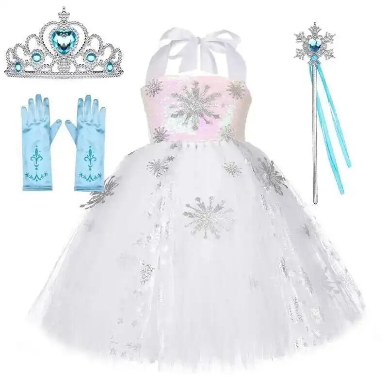 Блестящие костюмы Эльзы со снежинками для девочек, блестящие платья принцессы 7T, Dress Set 2