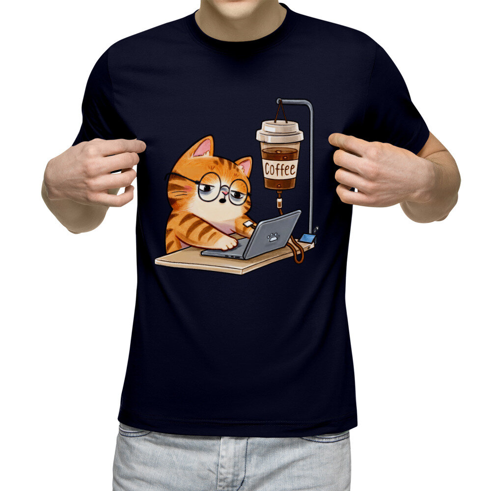 Мужская футболка «Кот - трудоголик» (темно-синий, 3XL)