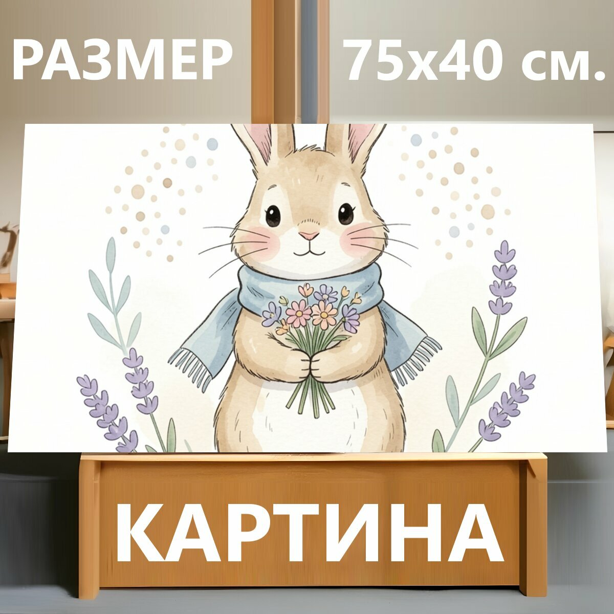 Картина на холсте "Заяц с букетом цветов. Милый кролик в нежно-бежевых тонах с голубым шарфом держит маленькие полевые цветы, вокруг лаванда и." на подрамнике 75х40 см. для интерьера