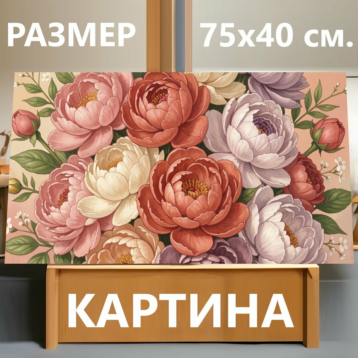 Картина на холсте "Букет пышных садовых цветов. Нежная ботаническая композиция с крупными бутонами в розовых, лиловых, кремовых и терракотовых." на подрамнике 75х40 см. для интерьера