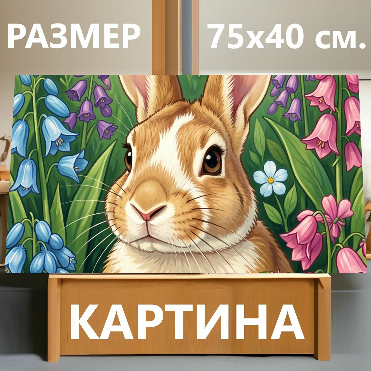 Картина на холсте "Заяц среди полевых цветов. Милый кролик с длинными ушами в окружении колокольчиков и лесных цветов. Яркая ботаническая." на подрамнике 75х40 см. для интерьера