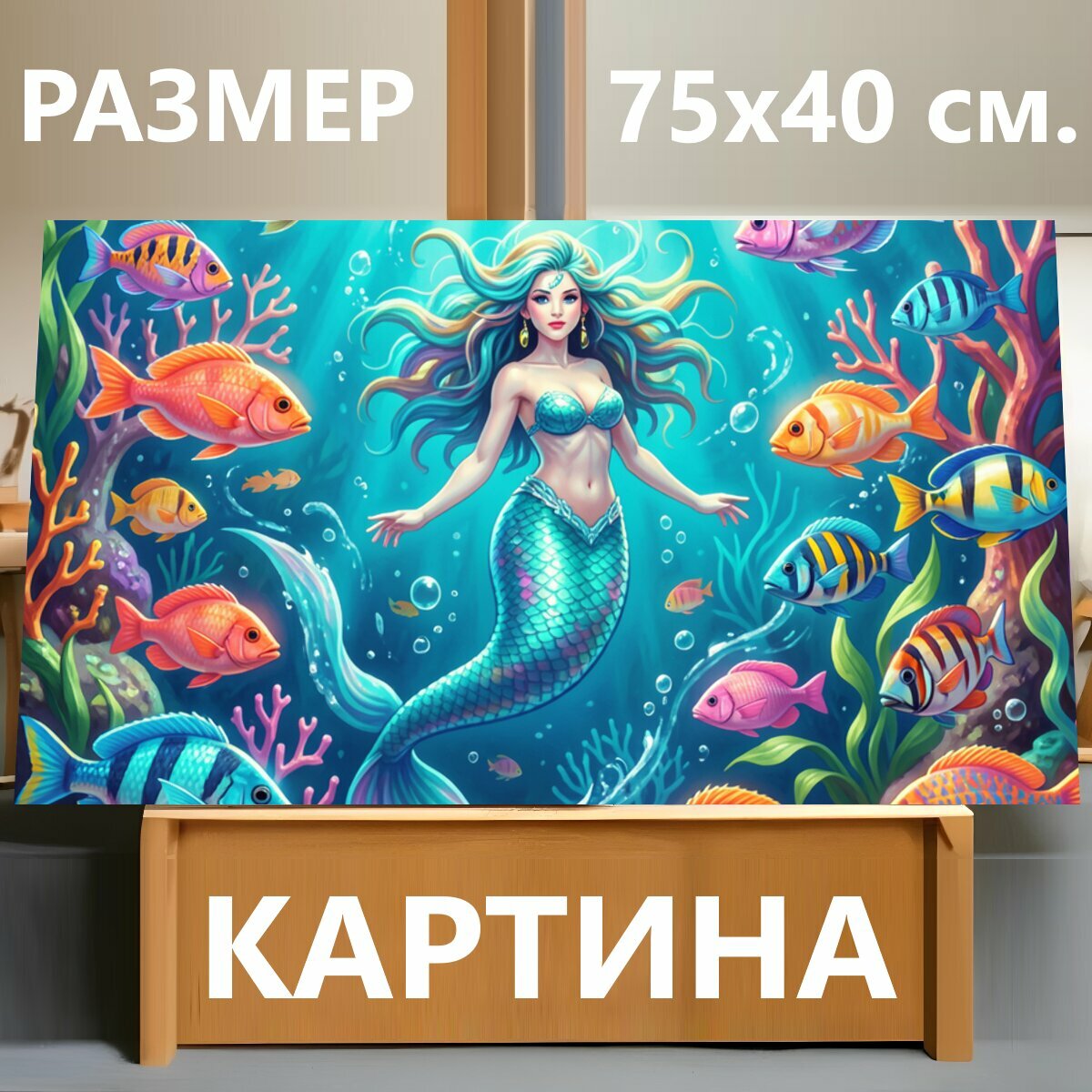 Картина на холсте "Русалка среди ярких рыб. Фантазийная подводная сцена в стиле яркой цифровой иллюстрации: девушка-русалка среди тропических." на подрамнике 75х40 см. для интерьера