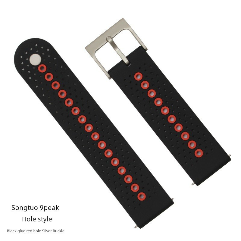 Suunto 9 Peak 22 мм черная силиконовая браслет с серебряной пряжкой, красные перфорированные отверстия