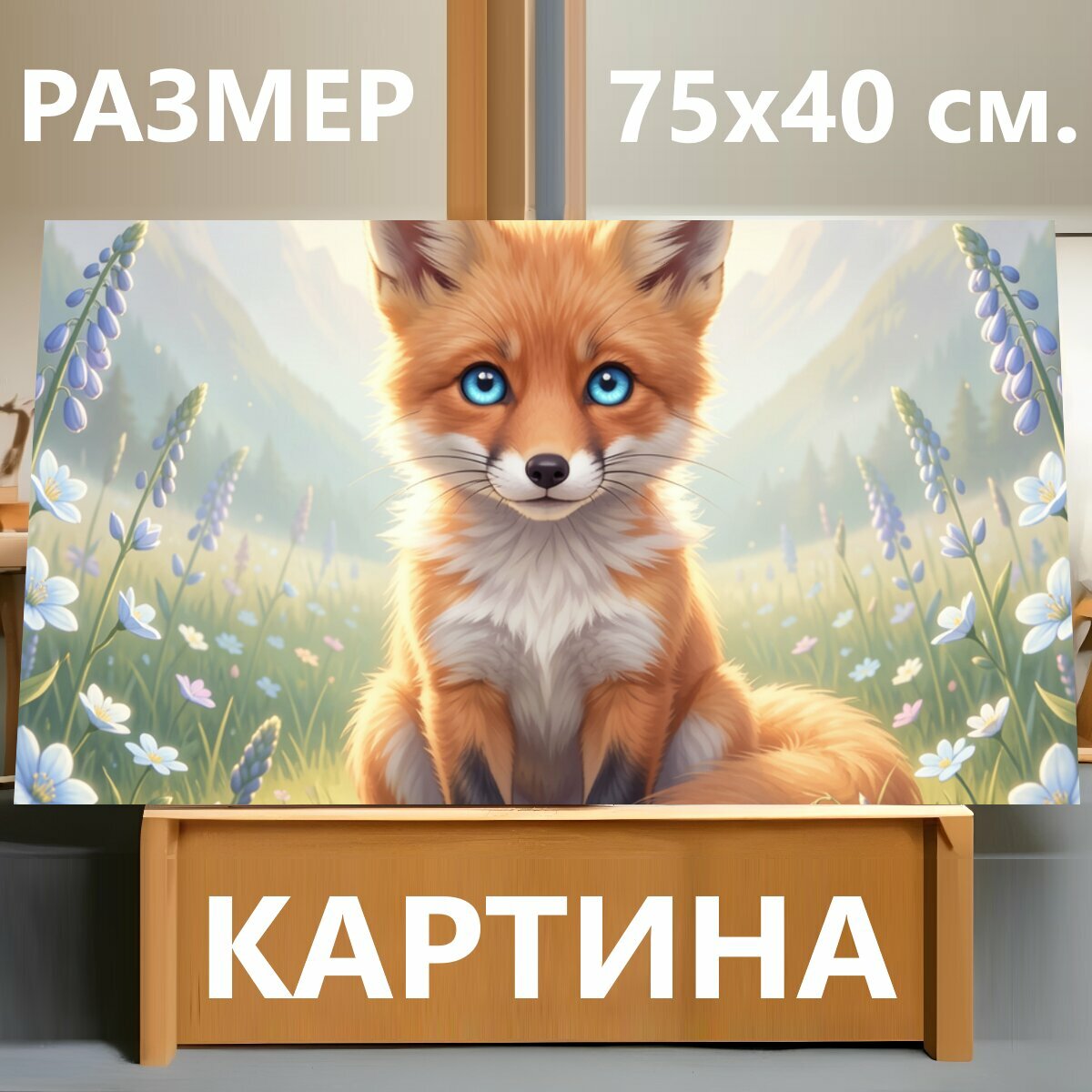 Картина на холсте "Лисёнок в альпийском лугу. Милый рыжий зверёк с голубыми глазами среди белых и сиреневых полевых цветов, мягкая сказочная." на подрамнике 75х40 см. для интерьера