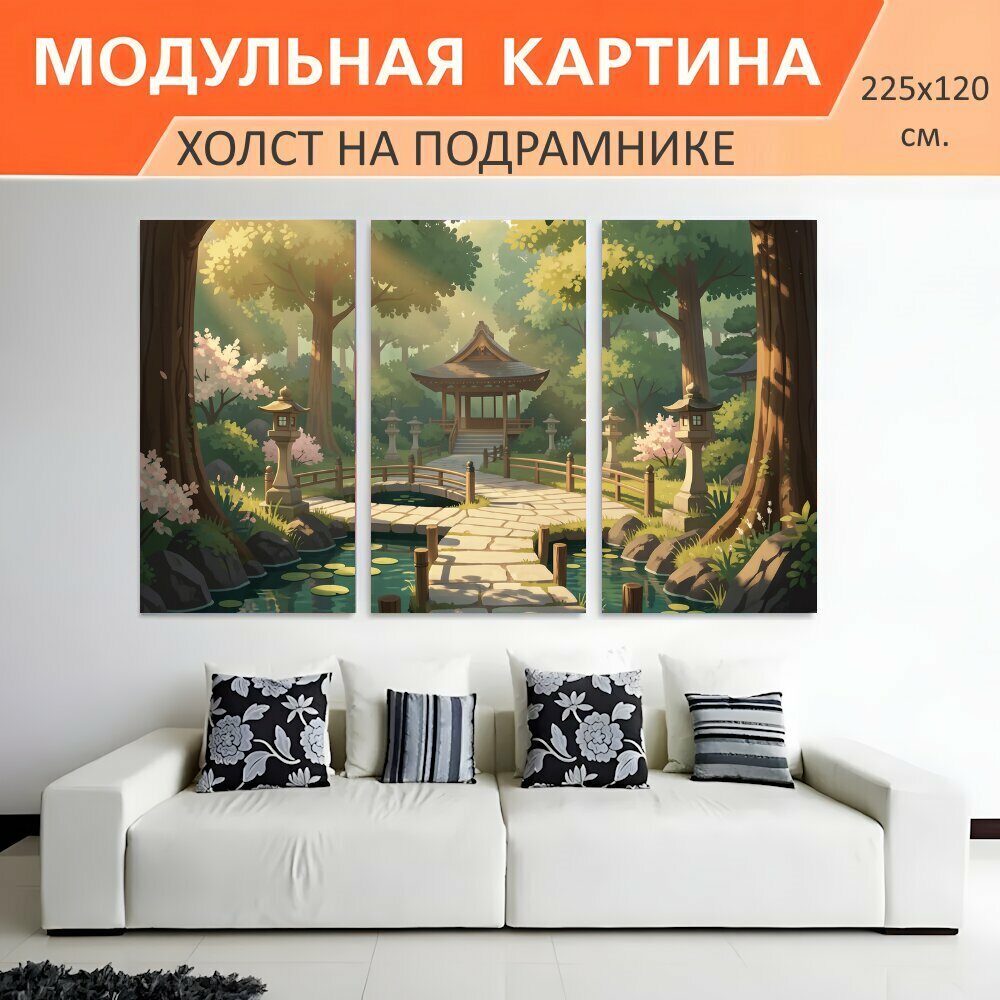 Модульная картина на холсте "Японский сад с мостиком. Уютный восточный дворик в стиле дзен: каменная дорожка через пруд с кувшинками." триптих на подрамнике 225х120 см. для интерьера