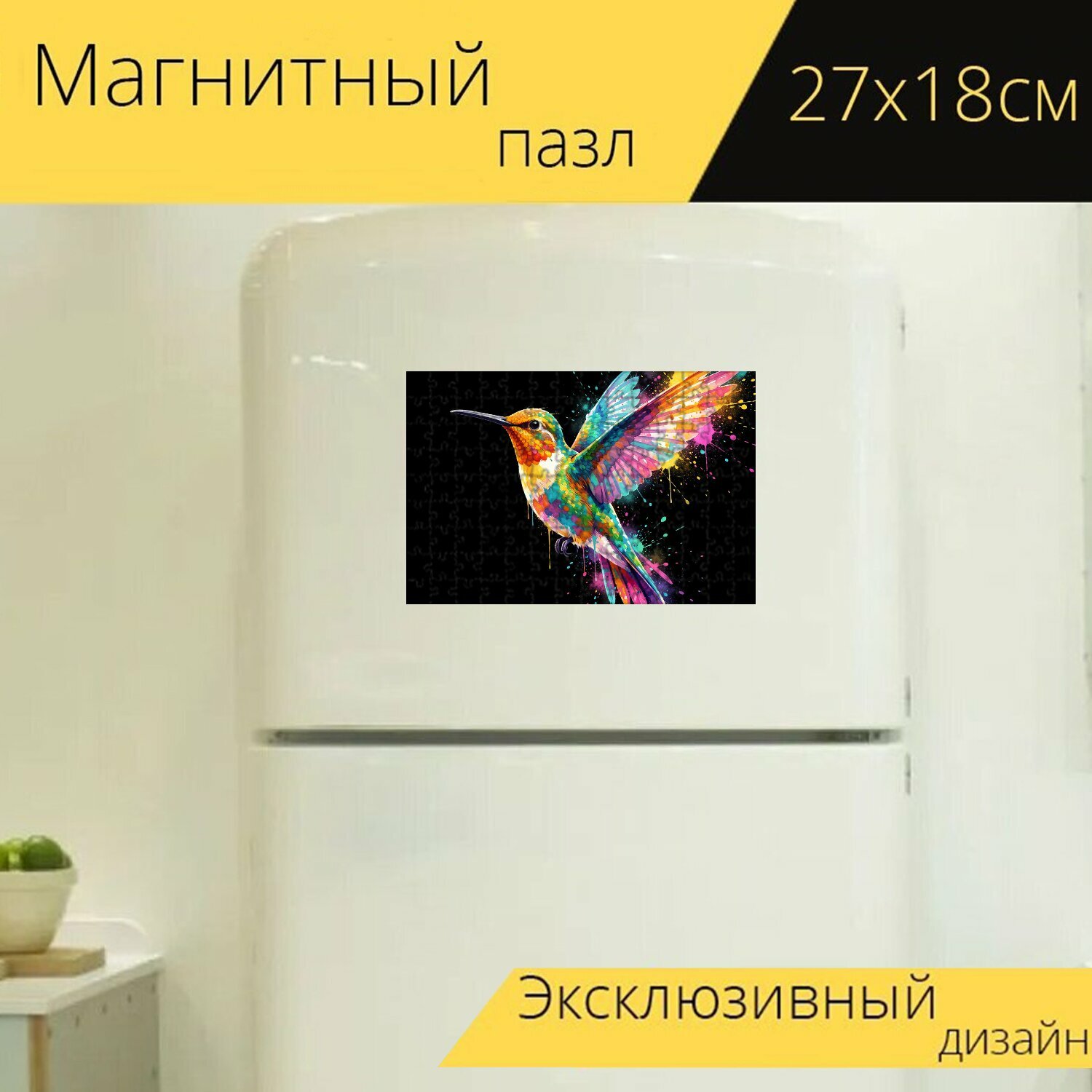Магнитный пазл "Яркий колибри в полёте. Неоновая акварельная птица с расправленными крыльями, переливы бирюзового, розового, жёлтого и оранжевого на." на холодильник 27 x 18 см.