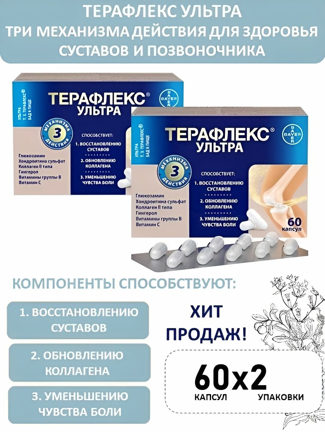 Терафлекс ультра капсулы для уменьшения боли и восстановления суставов, 60 капсул х 2 уп.