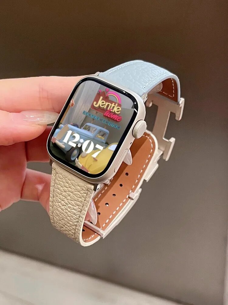Ремешок для смарт-часов Apple Watch Series 1-9/SE 38-41 мм, кожаный, цвет слоновой кости с светло-голубым — фото 1